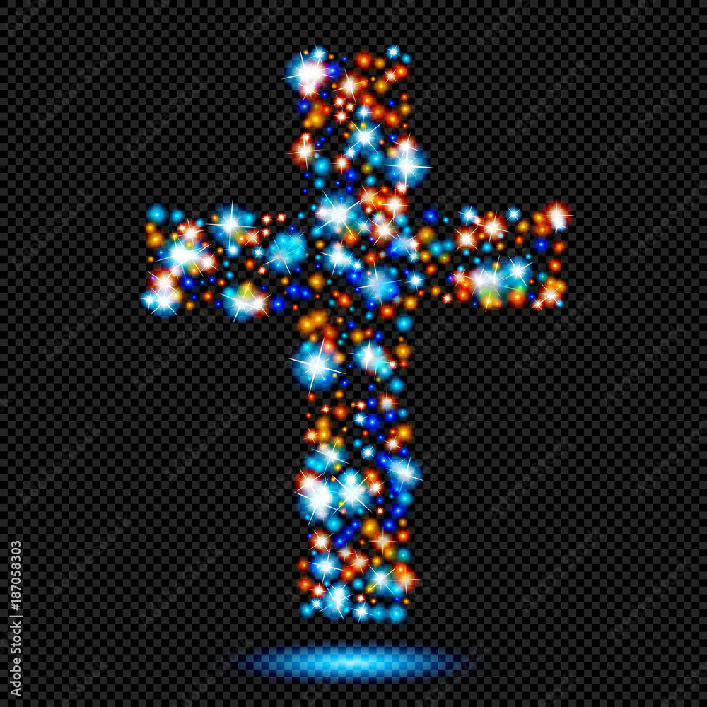 Blue and Orange Shine Symbol of Christian Cross with Sparks on ...