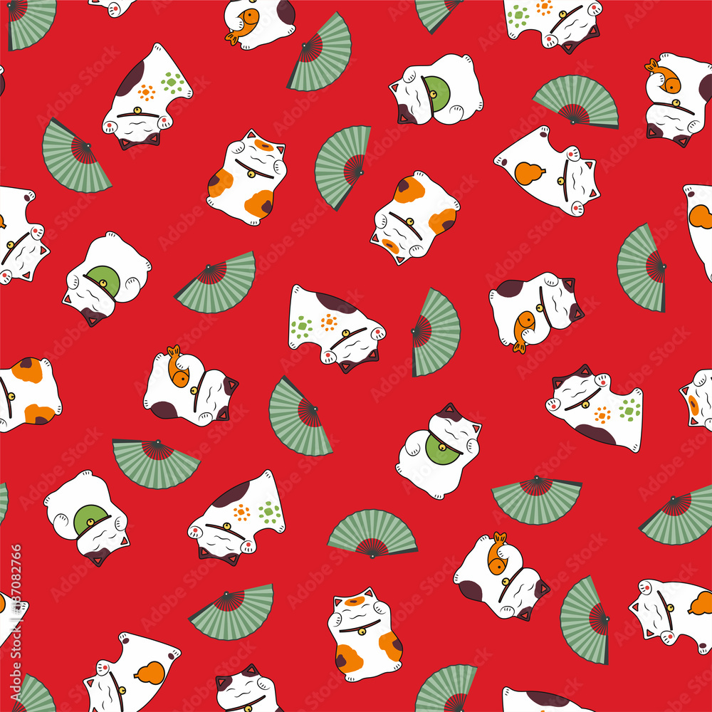 seamless pattern a set symbol maneki neko the attracting cat of good luck with the paws raised ...