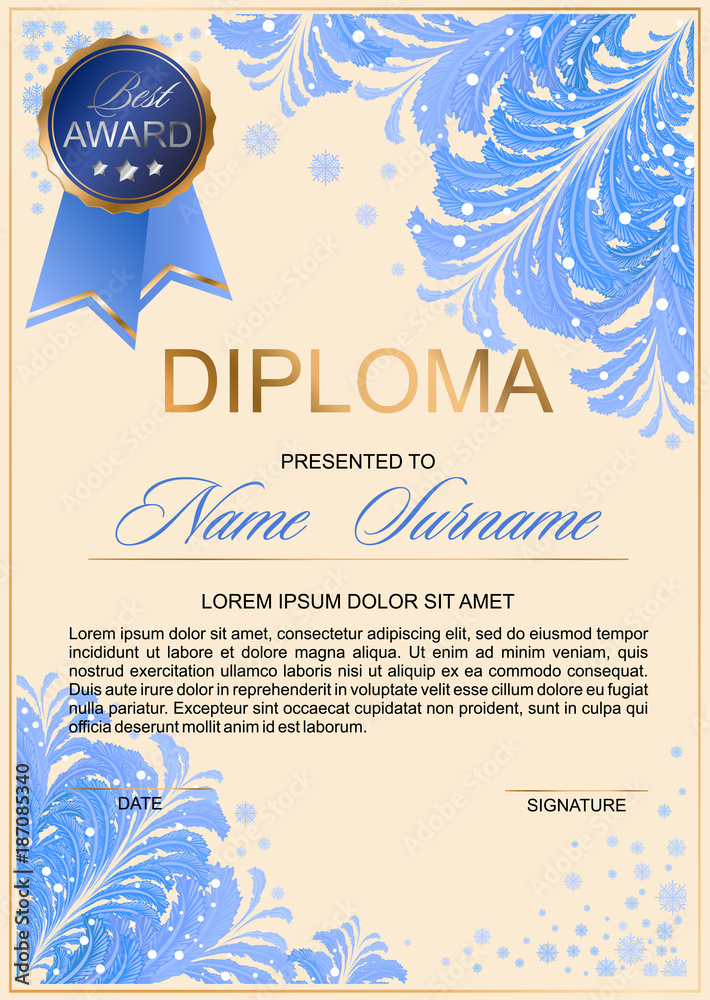 Vetor de diploma in frosty style with beautiful patterns of frost and ...