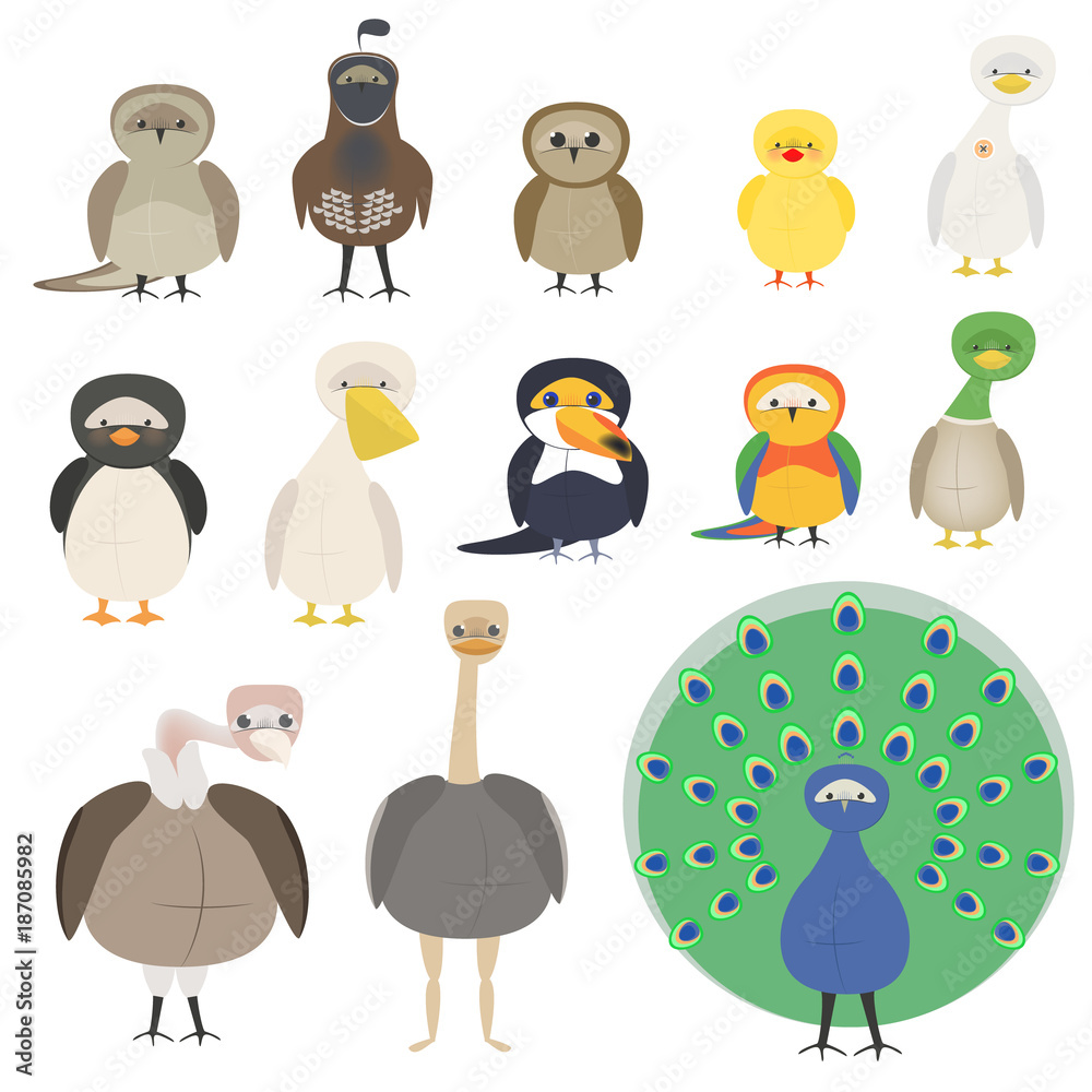 A set of different birds. A parrot, a penguin, a sparrow, an owl, a ...