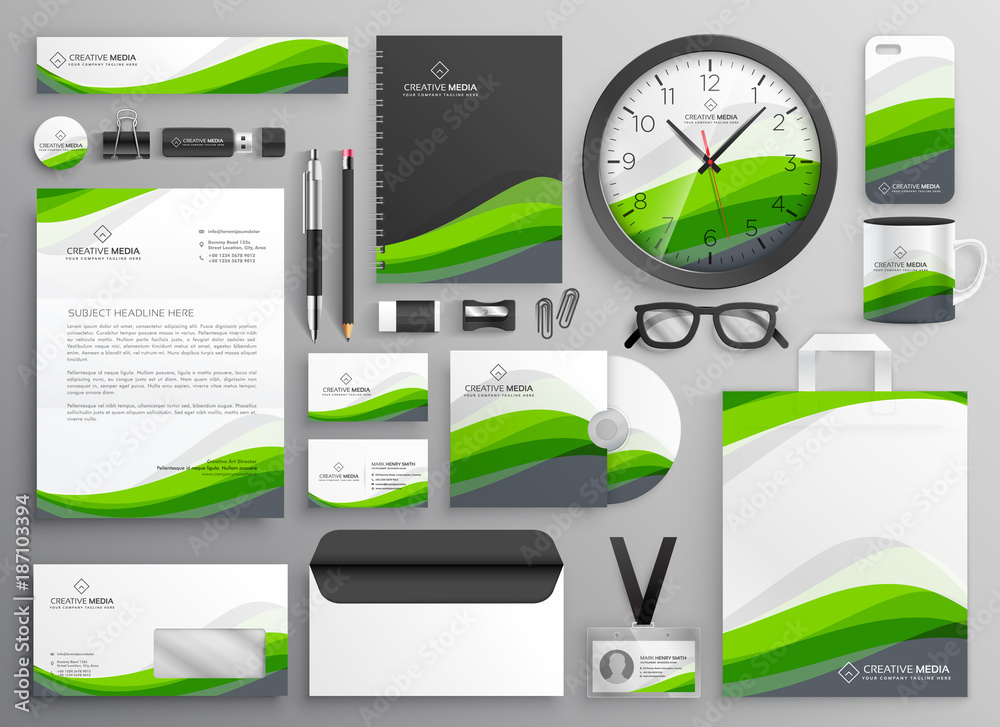 green wavy business stationery set template design for your brand Stock ...