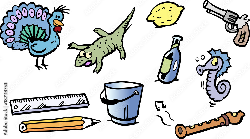 Cartoon Vector illustration of a set of funny small drawings or icons ...
