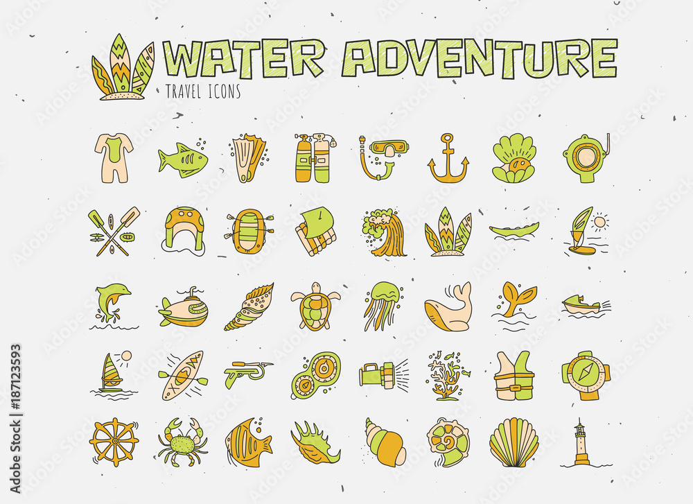 Water adventure vector hand draw icon set. Diving, rafting, kayaking ...