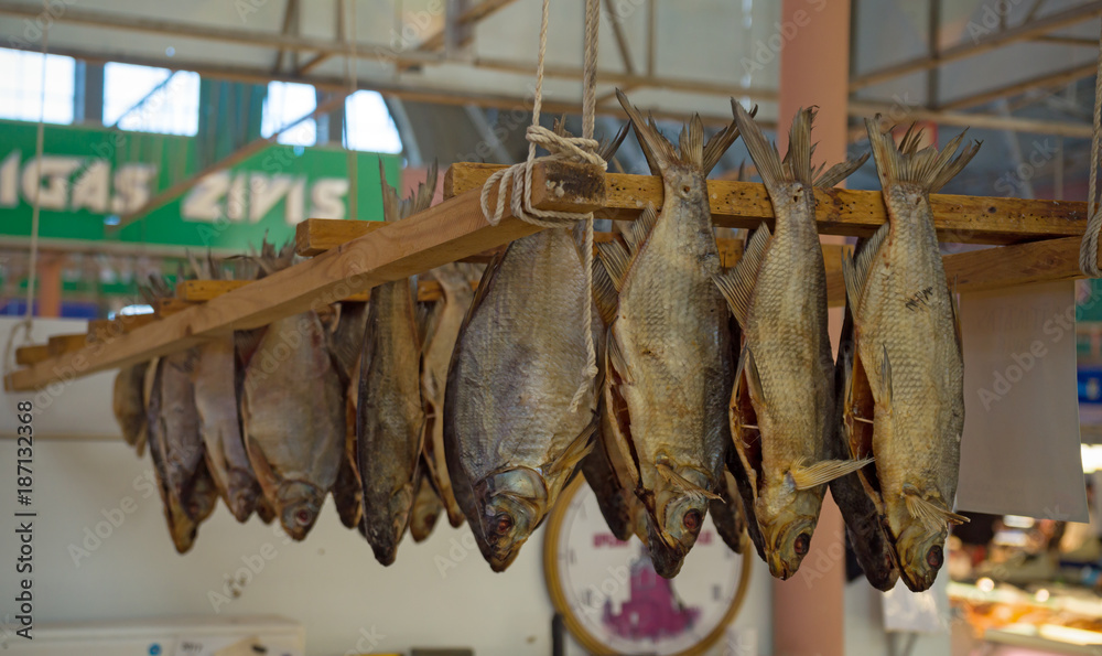 Dried salted fish vobla hanging and drying for sale, traditional beer ...