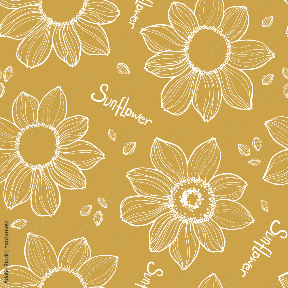 Seamless sunflower texture. White vector hand drawn sunflowers pattern ...