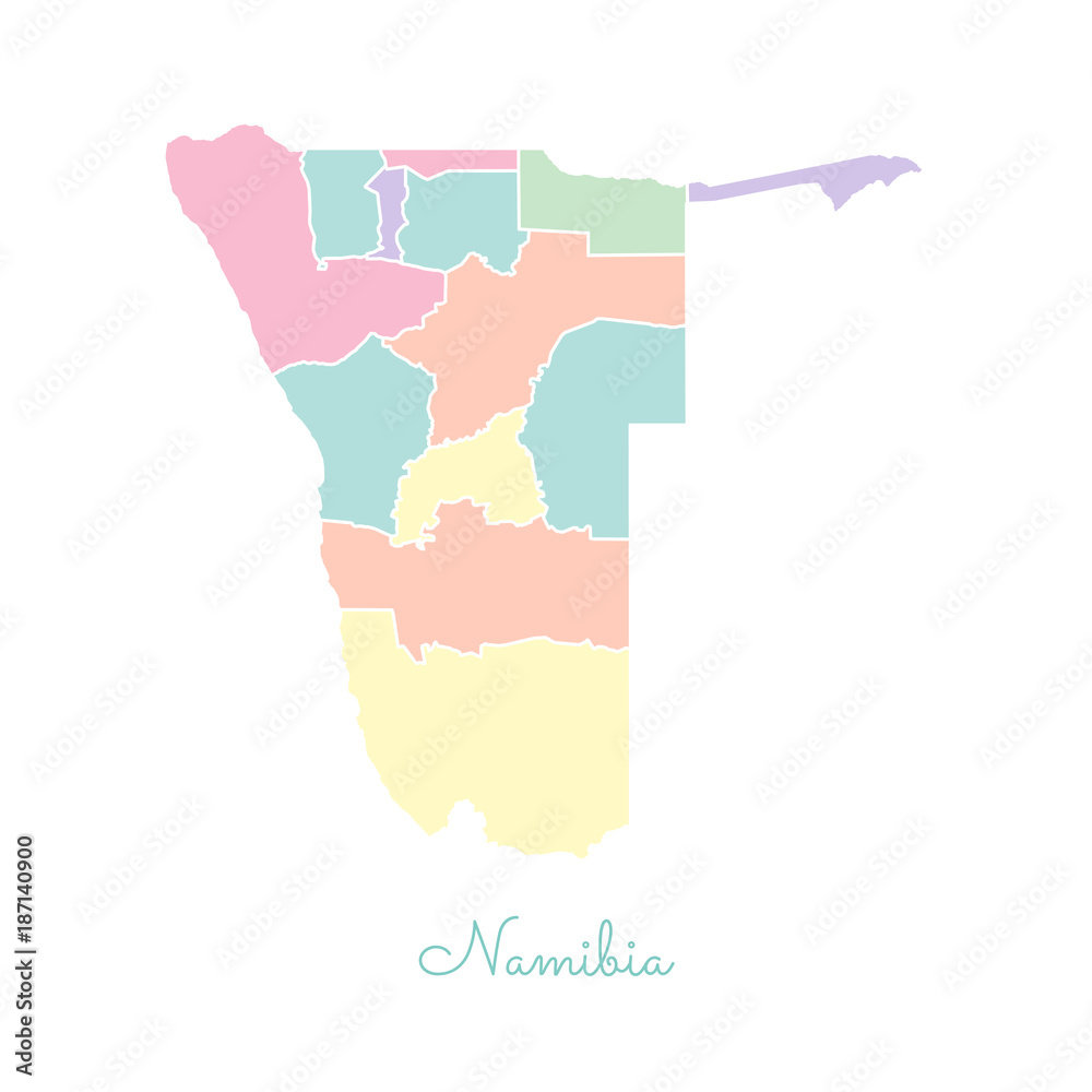 Namibia region map: colorful with white outline. Detailed map of ...