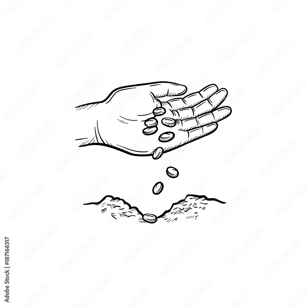 Human hand planting seeds in ground hand drawn vector outline doodle ...