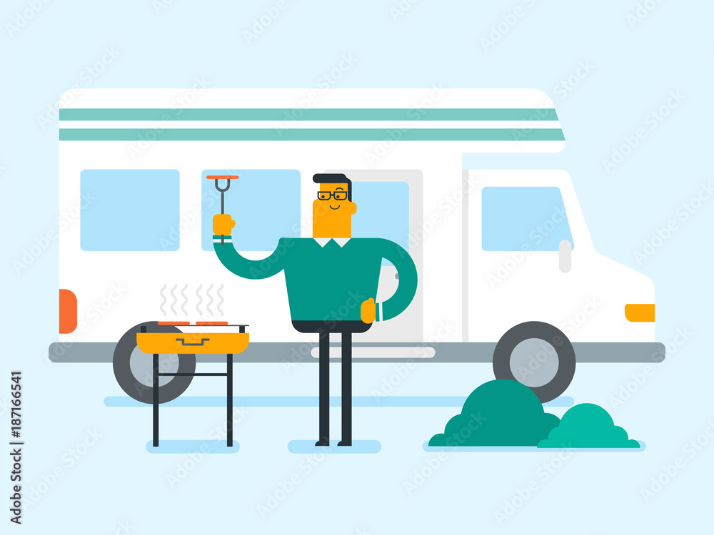 Young caucasian white man preparing meat on grill on the background of ...