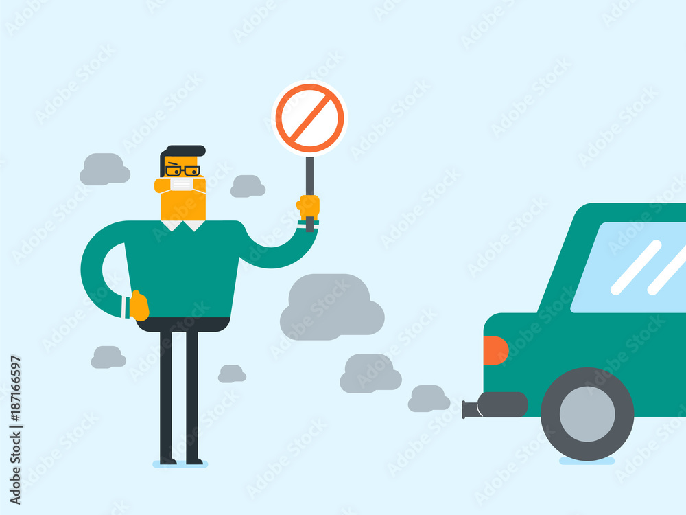 Young caucasian white man wearing mask because of toxic air pollution ...