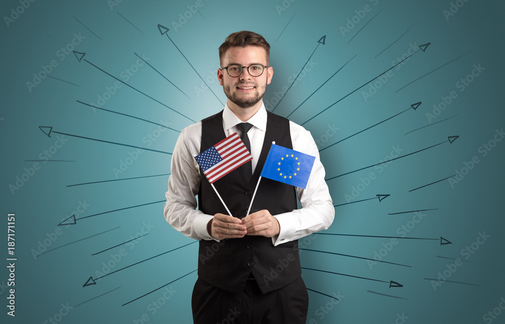 Man standing with flag and destination concept Stock Photo | Adobe Stock