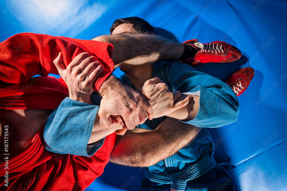Close-up two wrestlers of grappling and jiu jitsu in a blue and red ...