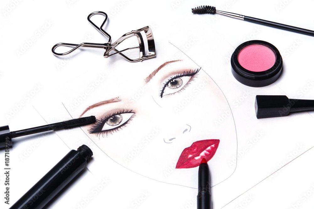 Face chart and different makeup objects and cosmetics Stock Photo ...