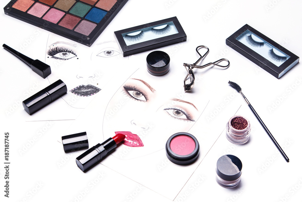 Face charts and different makeup objects and cosmetics Stock Photo ...