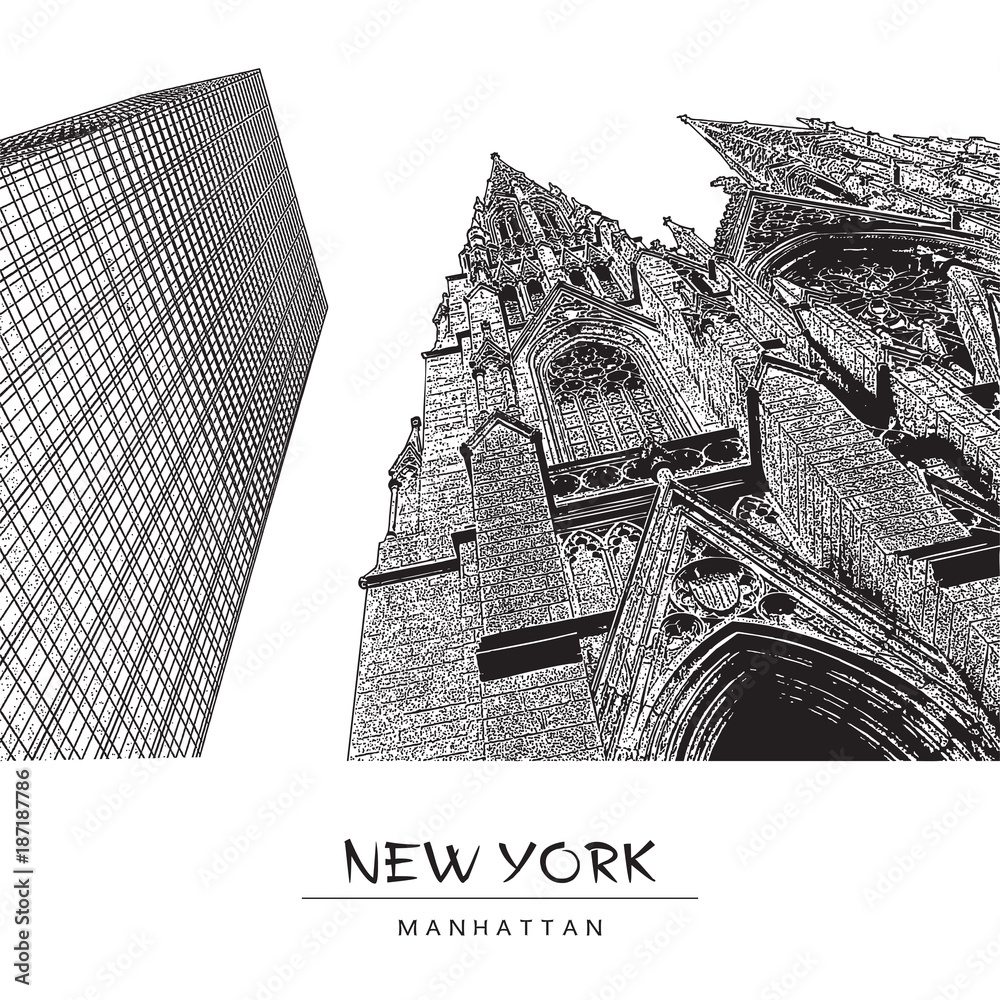 New York. The Cathedral of St. Patrick and a skyscraper in Manhattan ...