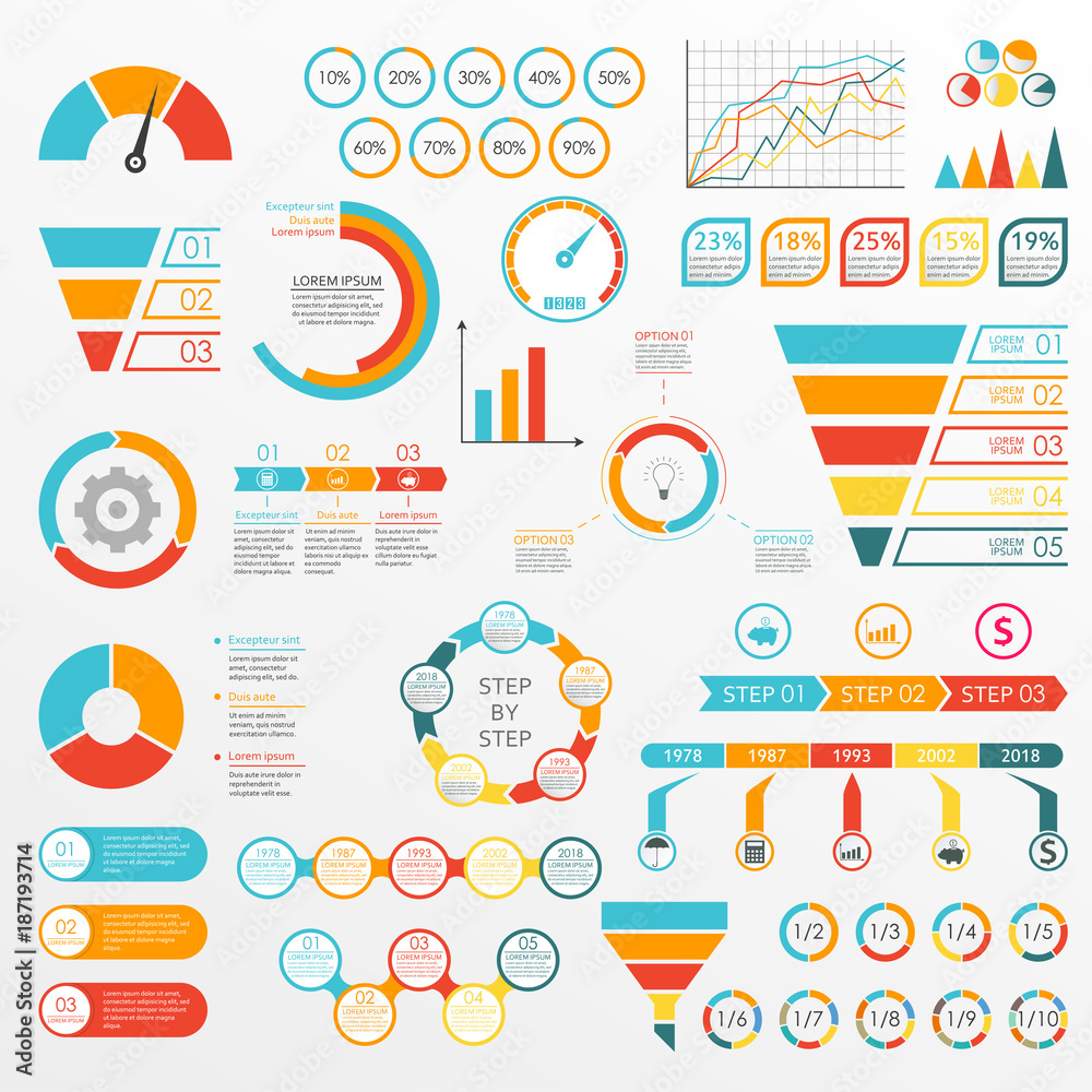 Infographics set with charts, graphs, funnel, arrows, diagram, gauge ...