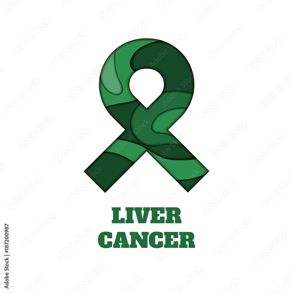 Liver cancer awareness poster. Emerald green ribbon made in 3D paper ...