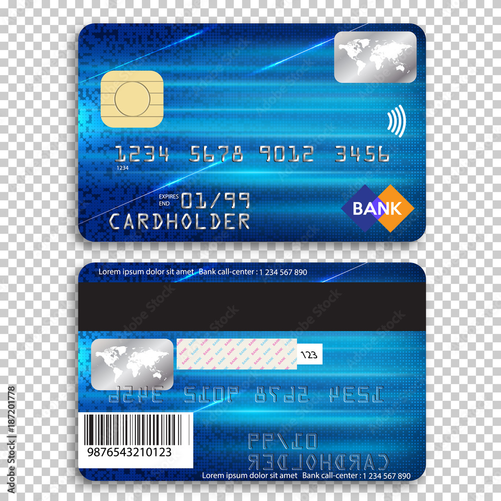 Realistic detailed credit card. Front and back side. Vector ...