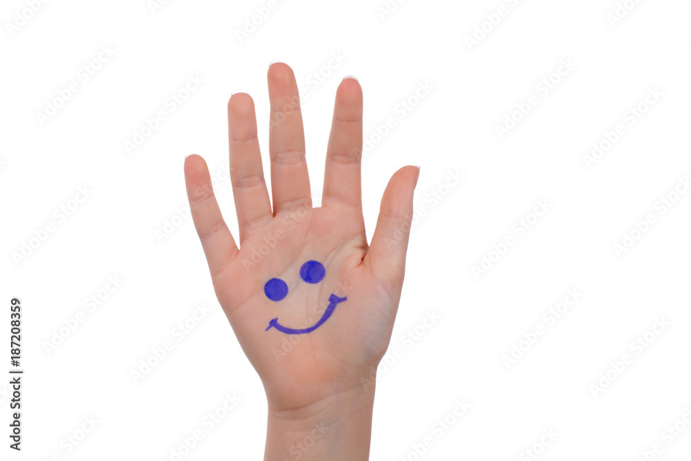 smiley face drawn on a child hand isolated white background Stock Photo ...