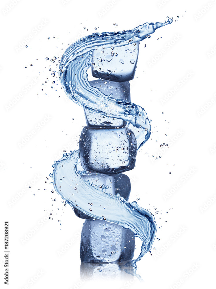 Abstract shape of water splash with pile of ice cubes, isolated on ...