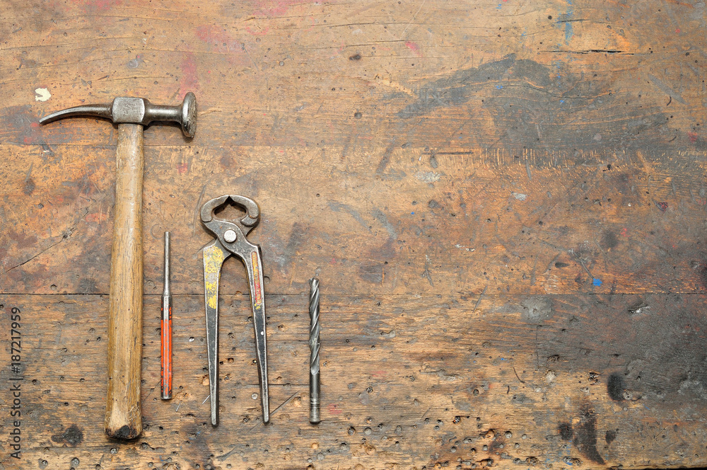 Old used dirty workbench with tools for background. Stock Photo | Adobe ...