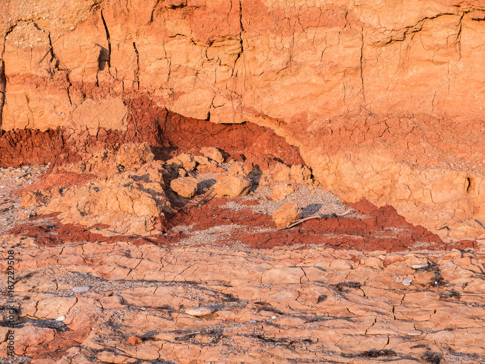 steep clay cliff. a vertical wall of clay gully of red clay covered ...