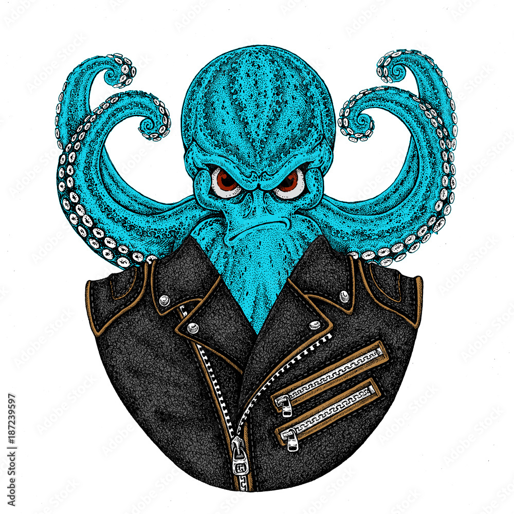 Octopus. Vintage cartoon character. Octopus wearing biker motorcycle ...