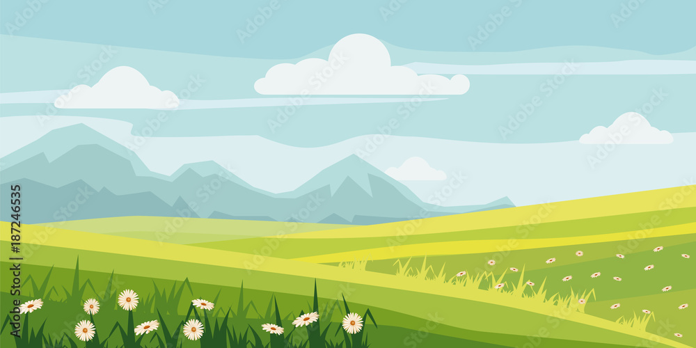 Cute rural landscape tree, field, daisy flowers, cartoon style, vector ...