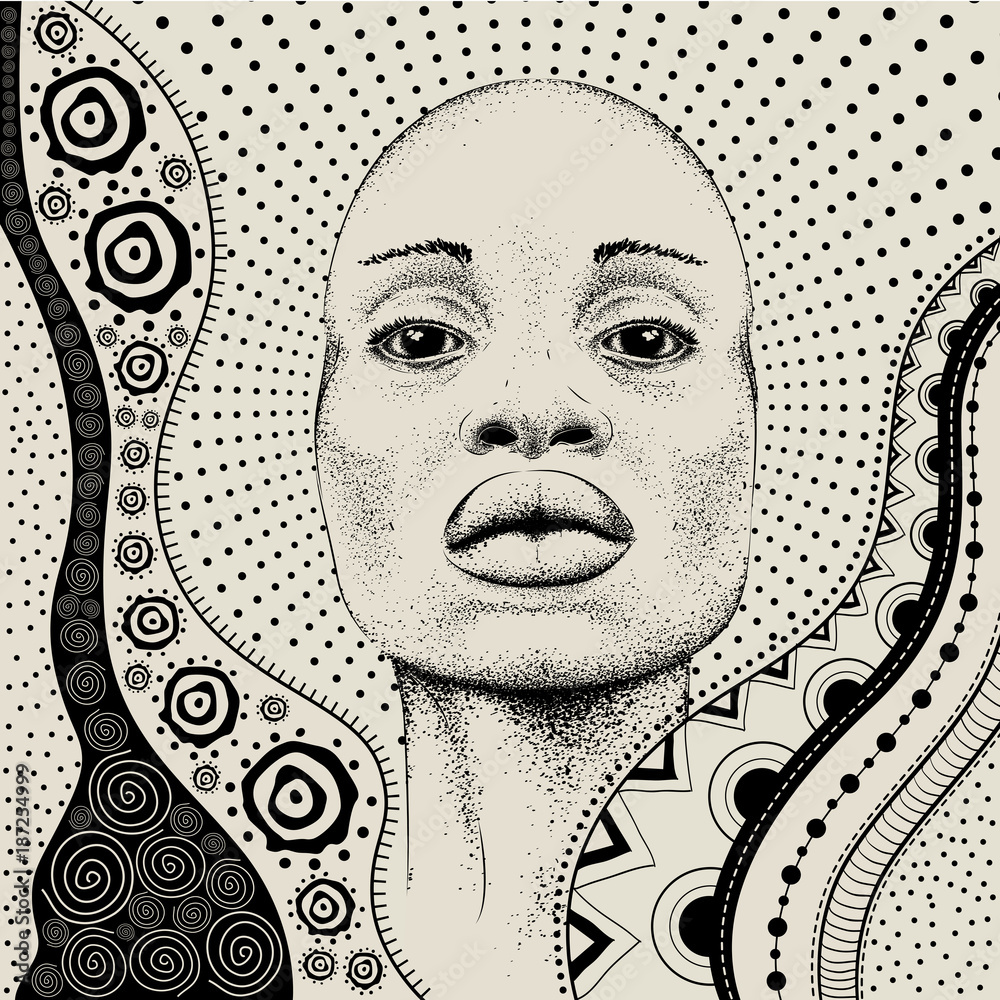 African Girl with African hand draw ethno pattern, tribal background ...