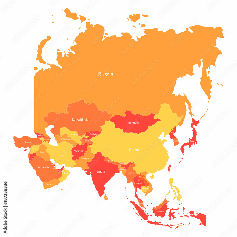 Vector Asia map with countries borders. Abstract red and yellow Asia ...
