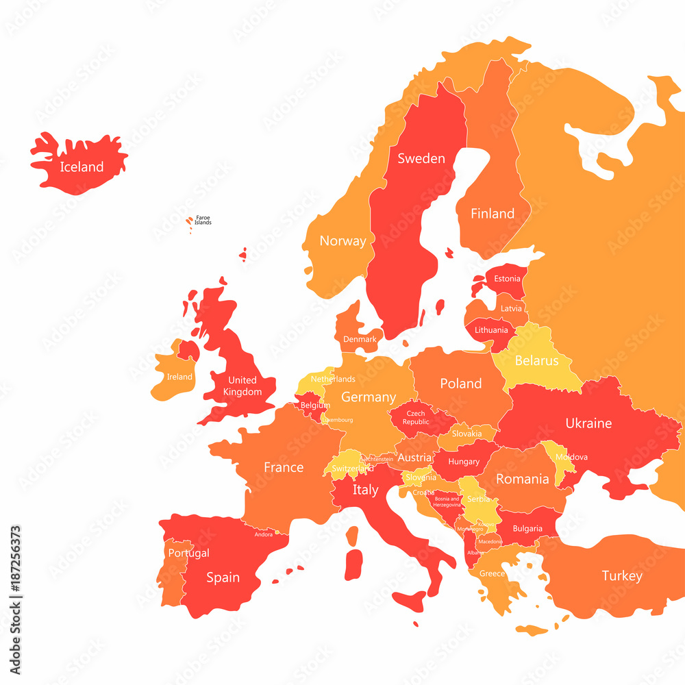 Vector Europe map with countries borders. Abstract red and yellow ...