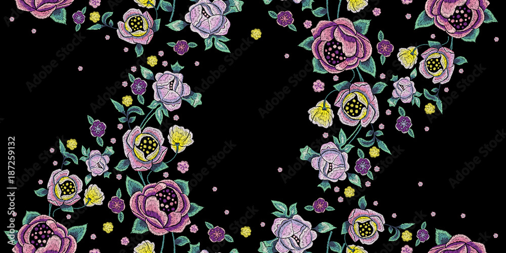 Embroidery landscape seamless pattern with pale roses. Vector ...