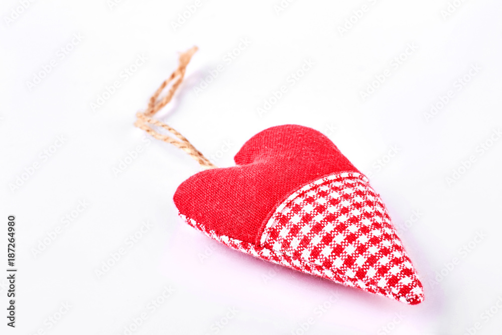 Handmade textile heart with string. Red and checkered fabric heart ...