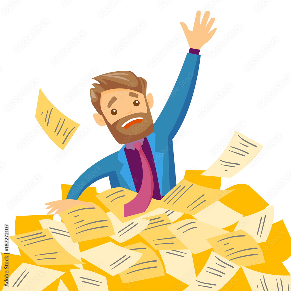 Young overworked caucasian white business man sinking in the heap of ...