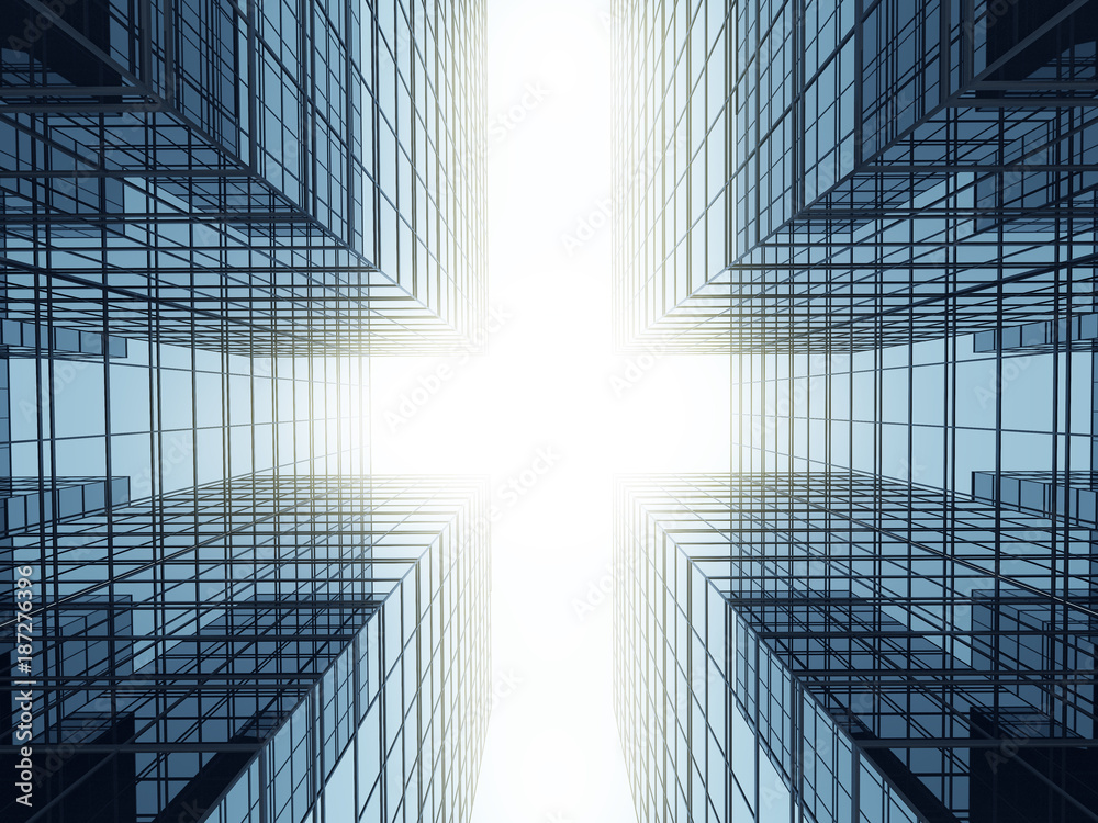 Perspective of high rise glass building in square view and dark steel ...