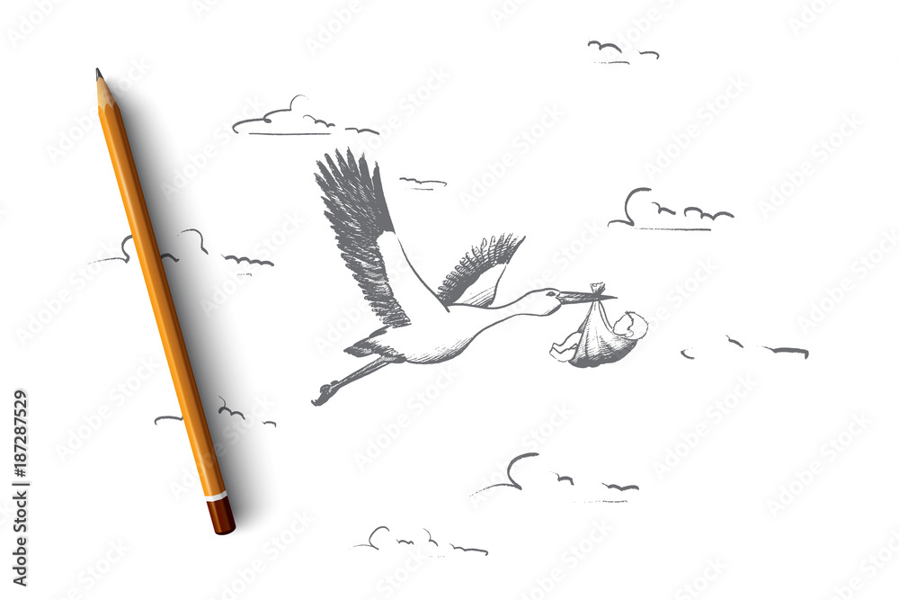 Pregnancy concept. Hand drawn stork in flight delivering a newborn baby ...