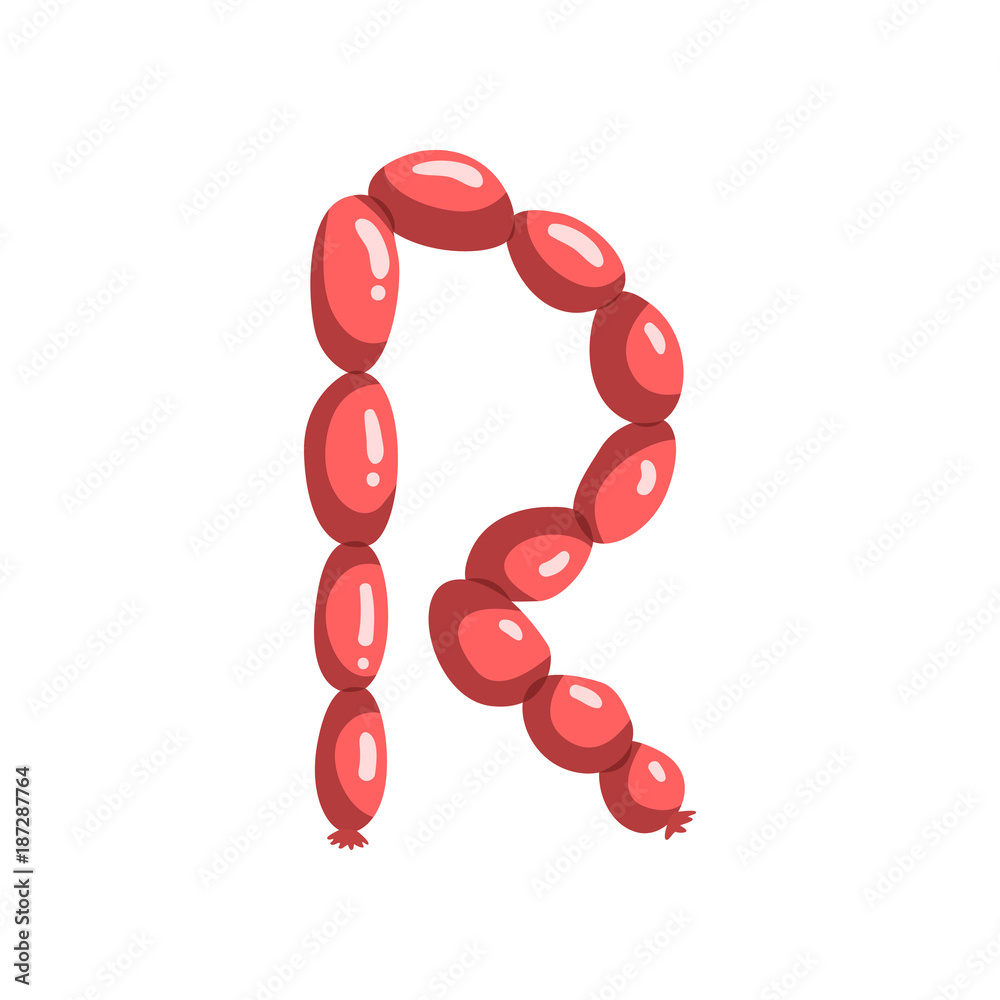 Isolated alphabet letter R created from chain of sausages. ABC concept ...
