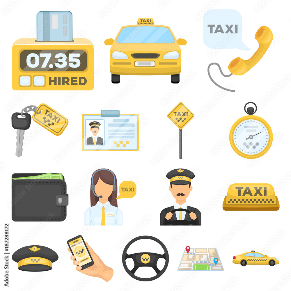Taxi service cartoon icons in set collection for design. Taxi driver ...