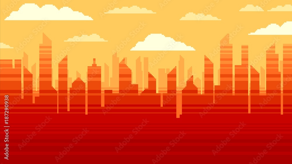 Red city skyscrapers background, pixel art illustration Stock Vector ...