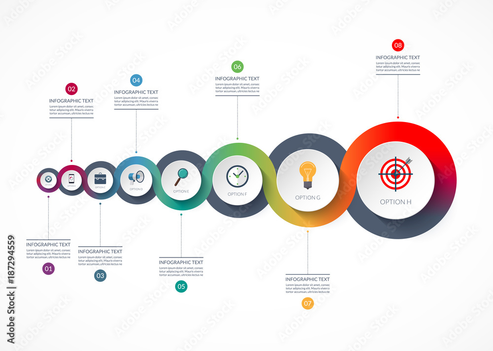 Timeline infographics. Business growth concept. Vector banner with 8 ...
