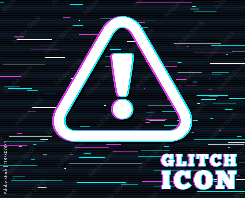 Glitch effect. Attention sign icon. Exclamation mark. Hazard warning ...
