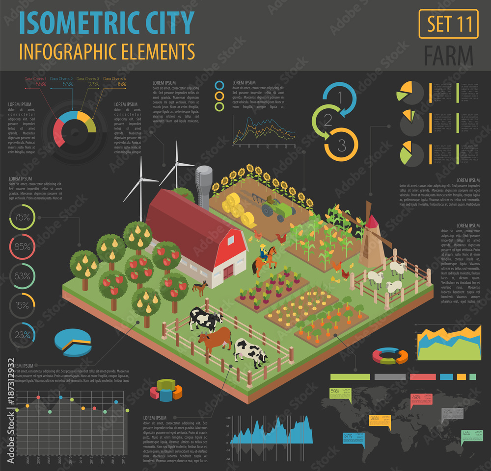 Flat 3d isometric farm land and city map constructor elements isolated ...