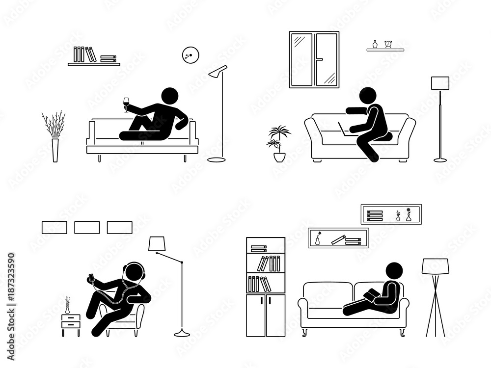 Stick figure resting at home position set. Sitting, lying, reading book ...