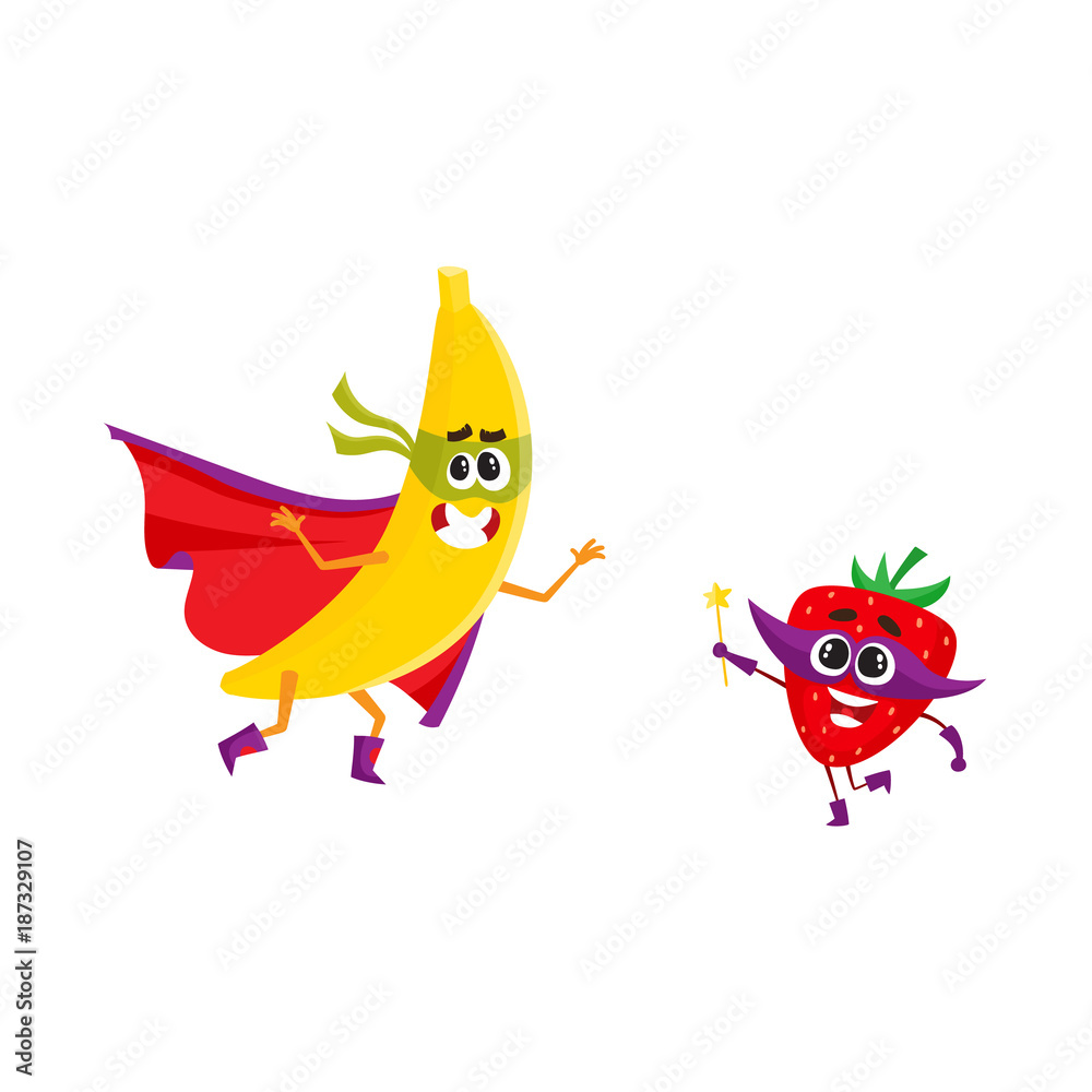 vector flat cartoon funny fruit, vegetable character in masks set ...