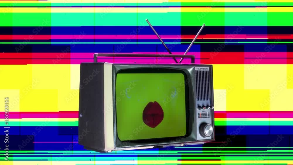 television rotating in space with sequence of cctv camera and red lips ...
