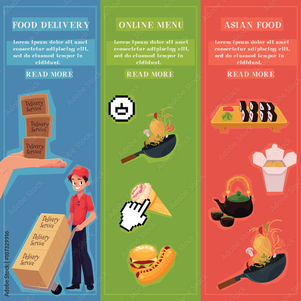 Vector online menu, asian food and food delivery infographic posters ...