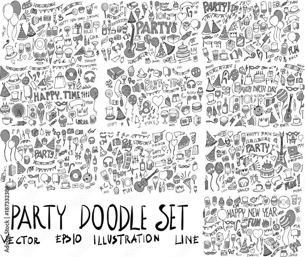 Set of Party illustration Hand drawn doodle Sketch line vector scribble ...