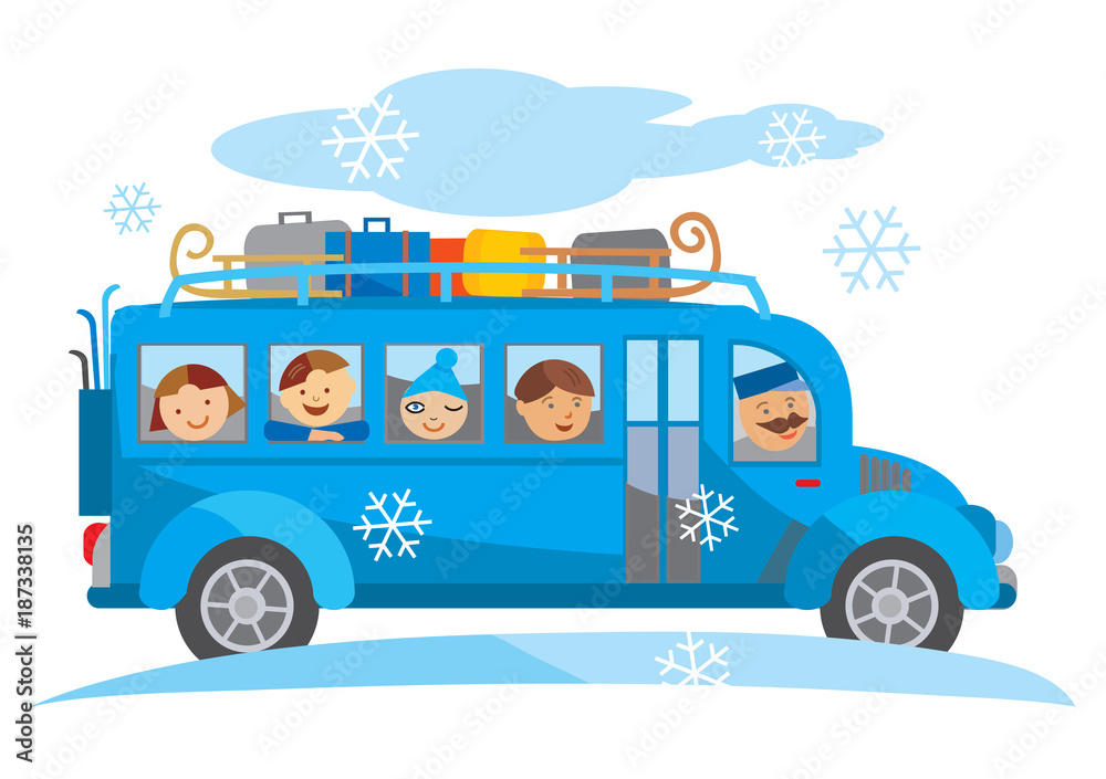Winter school trip bus cartoon. Cartoon of blue School bus traveling on ...