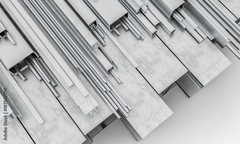 steel girders and metal profiles different shapes sizes 3d render Stock ...