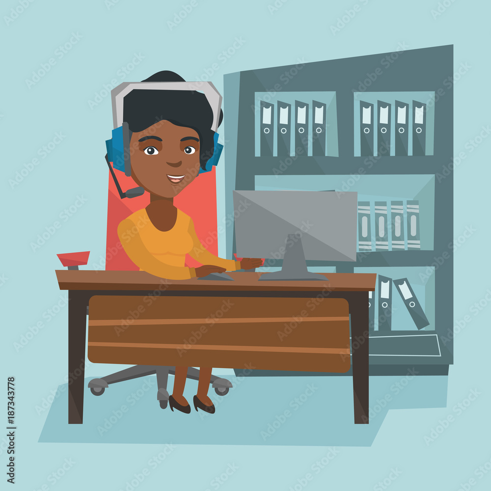 Young african business woman in headset during video conference in the ...