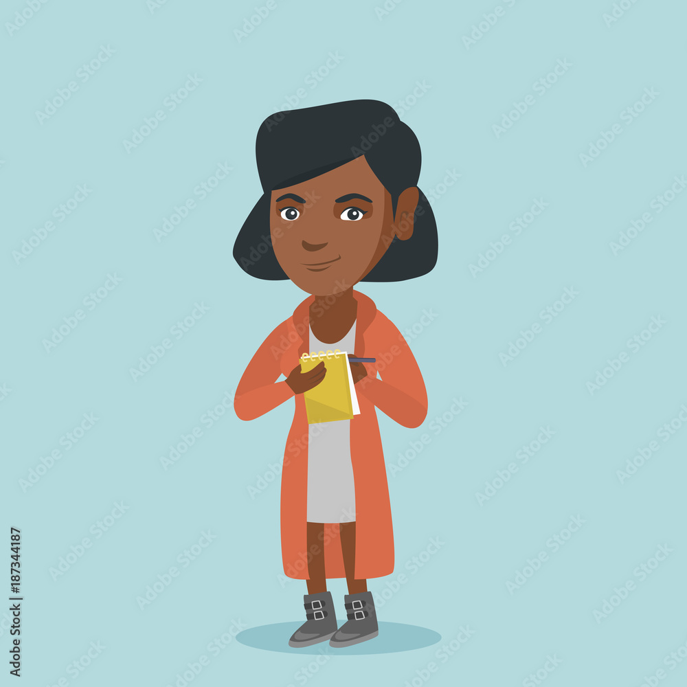 African-american female journalist writing notes on the notepad. Young ...